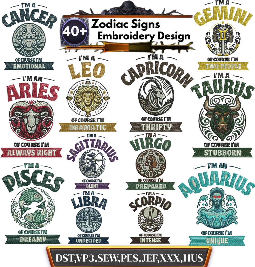Zodiac Embroidery Design, 12 Signs of the Zodiac Embroidery, Horoscope ...