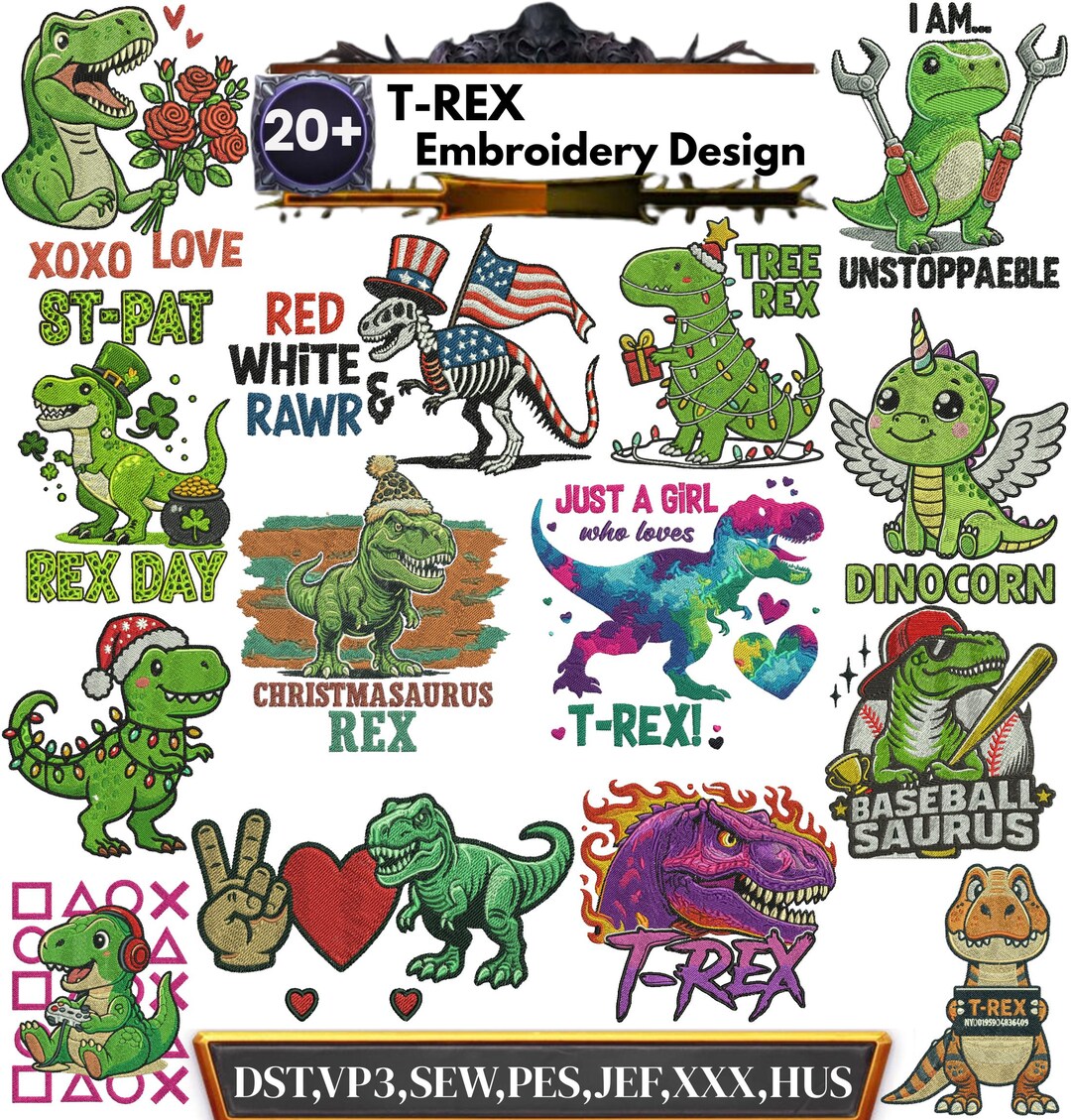 T-rex Embroidery Design, Tyrannosaurus Embroidery, T-rex Silhouette ...