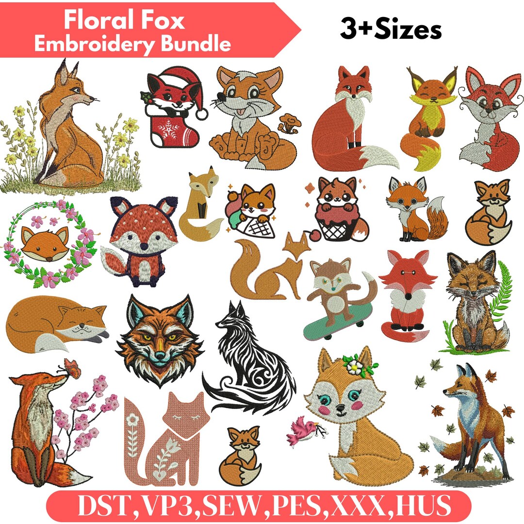 Baby Fox Embroidery Machine Design Bundle Floral Fox Embroidery Designs ...