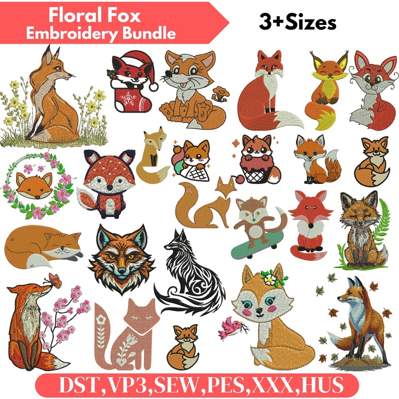 Baby Fox Embroidery Machine Design Bundle Floral Fox Embroidery Designs ...
