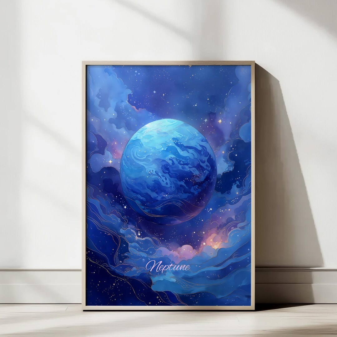 Deep Blue Neptune Watercolor Print, Dreamy Cosmic Nursery Wall Art ...