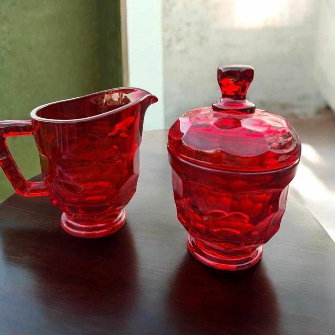 Viking Ruby Red Glass Georgian Covered Sugar Bowl and Creamer Set - Etsy