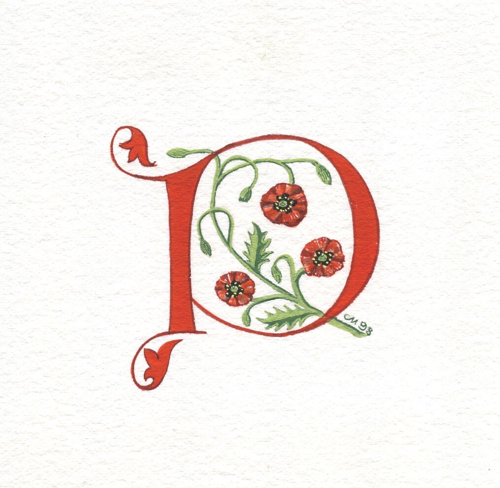 Initial Letter 'P' Handpainted in Red With Poppies on Watercolor Paper ...