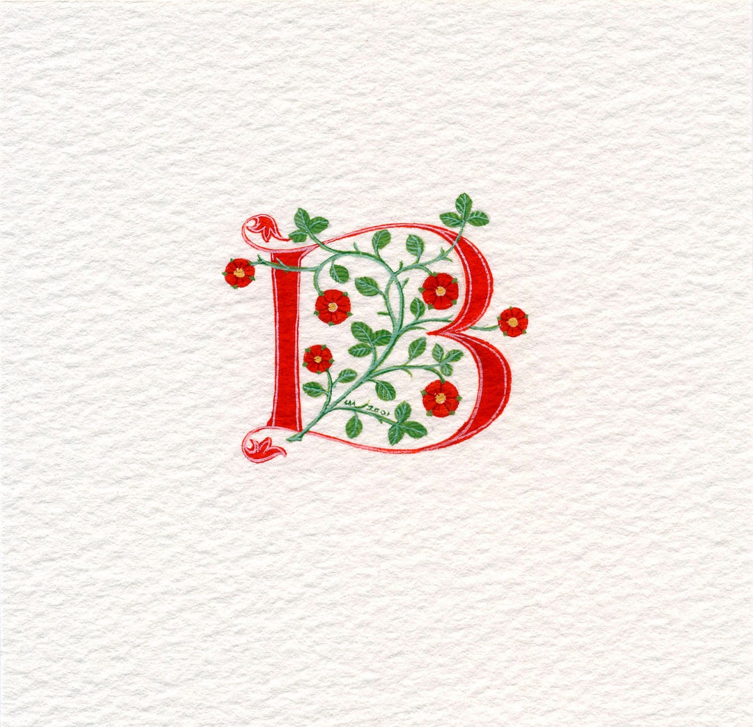 Illuminated Letter 'B' in Red Handpainted With Red Roses and Leaves ...