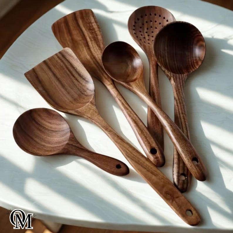 Teak Wood Cooking Utensil Set: 7-piece Handmade Kitchen Tools - Etsy