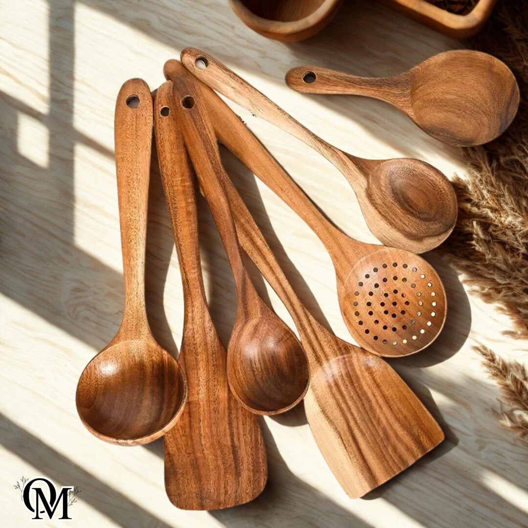 Teak Wood Cooking Utensil Set: 7-piece Handmade Kitchen Tools - Etsy