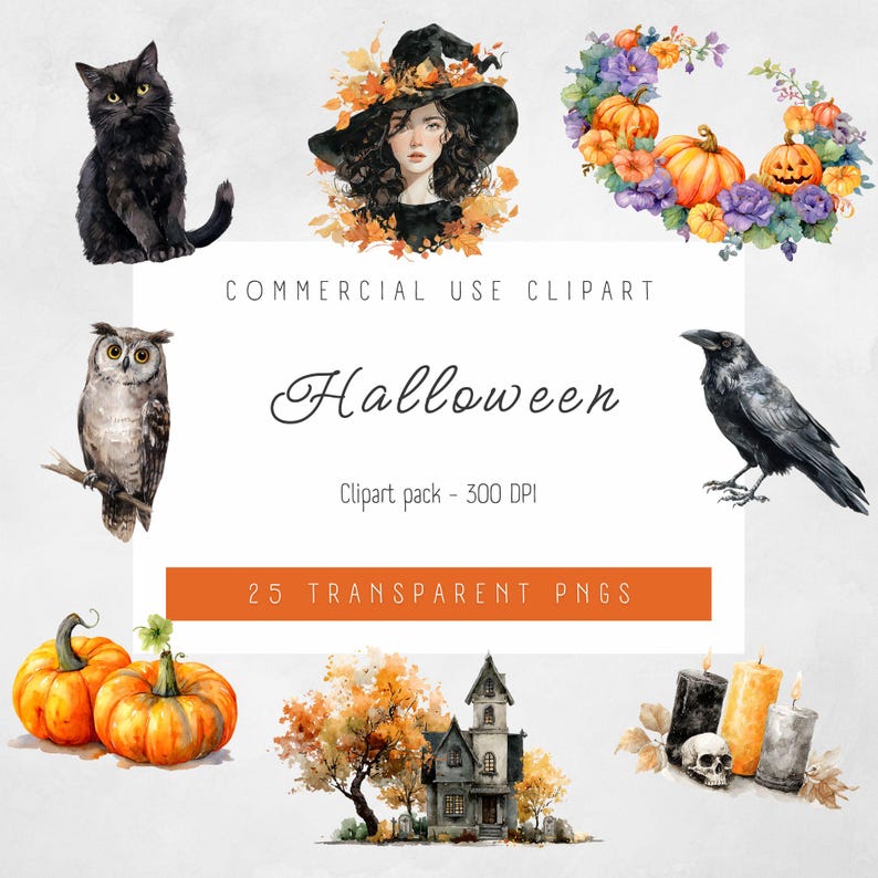 Whimsical Halloween Clipart Pack, Watercolor, 25 Transparent Pngs for ...