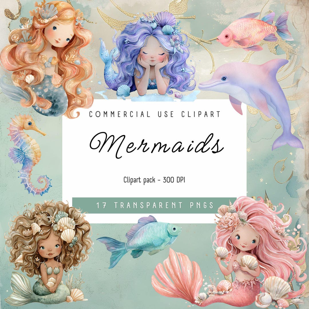 Magical Mermaid Clipart Pack, 17 Watercolor Transparent Pngs ...