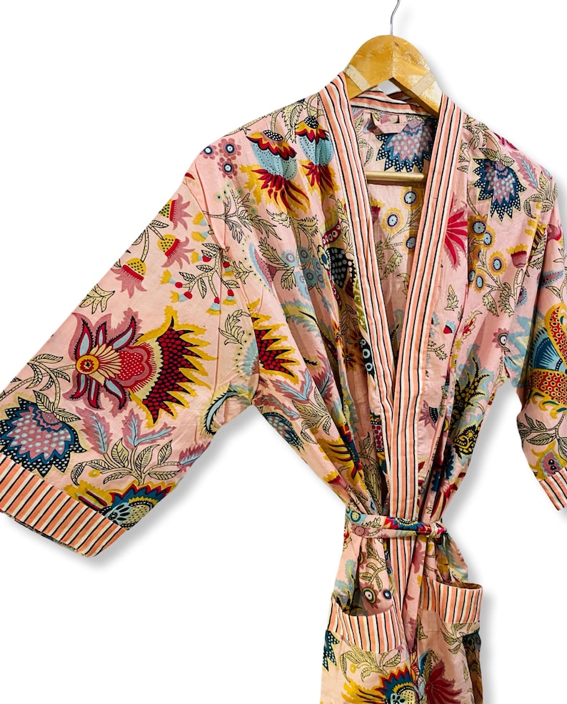 Floral Block Print Cotton Wrap Robe, Pink Multicolor Lounge Gown - Etsy