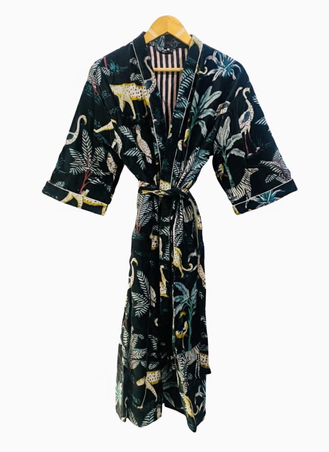Black Velvet Duster Robe, Tropical Inspired Print With Striped Lining ...