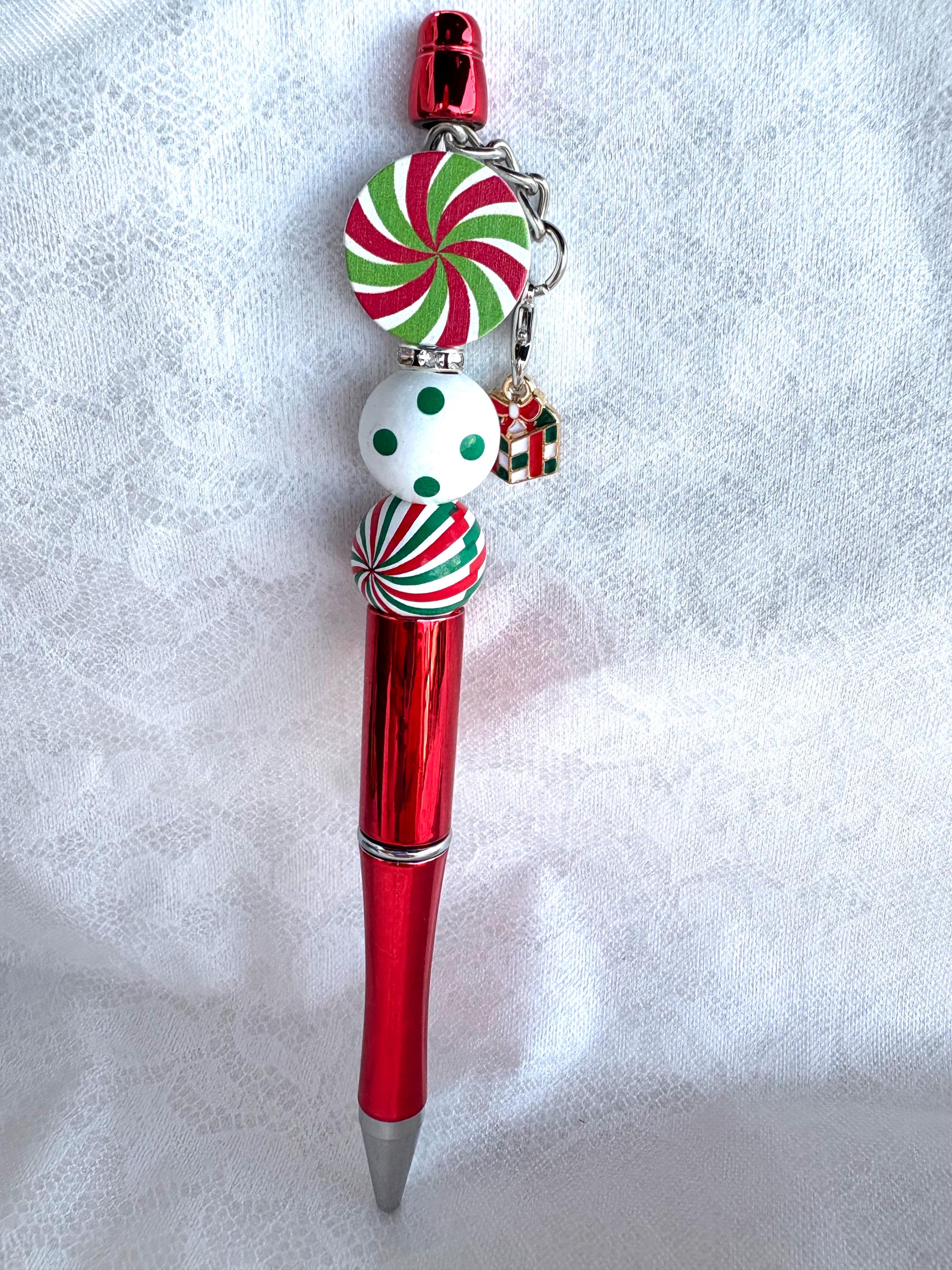 Iridescent Red Christmas Theme Wood Beaded Black Ink Pen With Present ...
