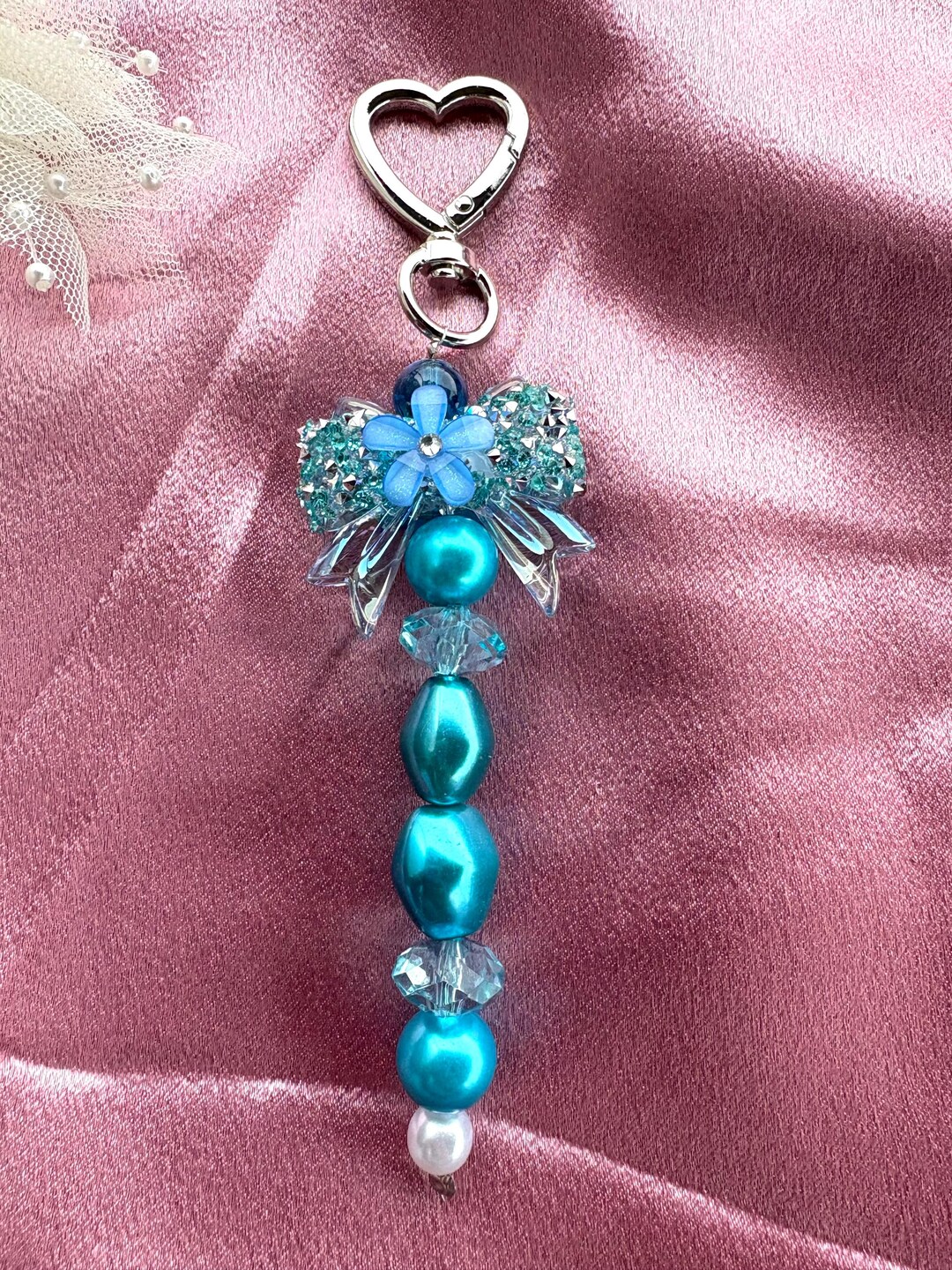 Large Teal Turquoise Sparkle Beaded Bow Keychain Bag Purse Charm - Etsy