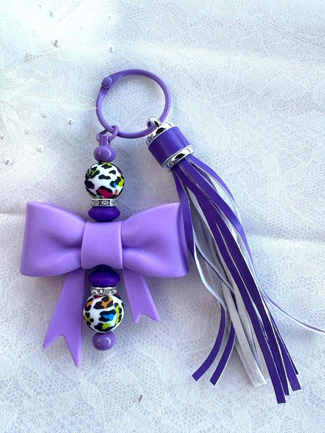 Unique 3” Purple Bow Beaded Keychain Bag Purse Backpack Charm With 4 ...