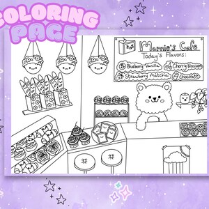 Kawaii Cafe Coloring Page – Printable Cozy Bakery Scene – Fuzzy Bear ...