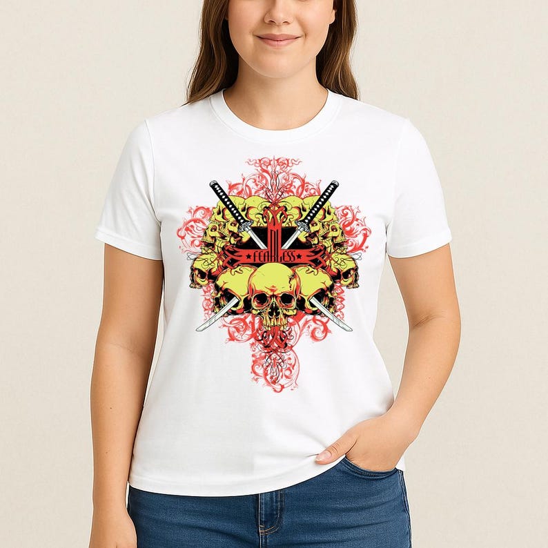 Bold “FEARLESS” Skull & Katana Gothic Art – Dark Fantasy Design With ...