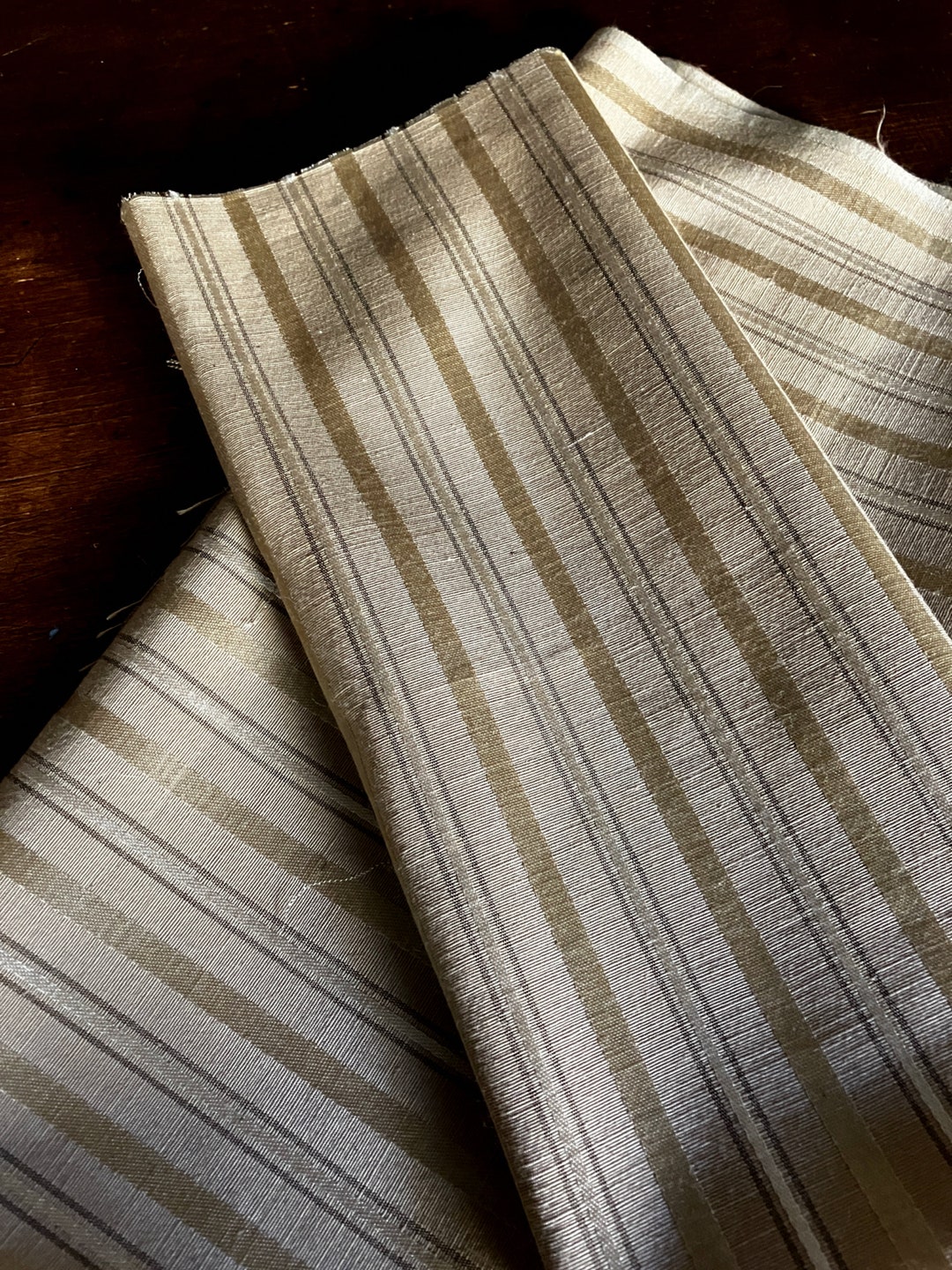 Striped Upholstery Fabric Remnants Tan Ground With 1/4 Inch Satin Woven ...