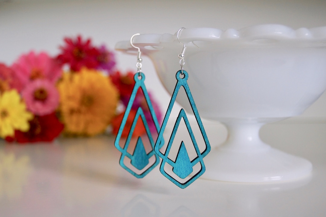 Turquoise Laser Cut Wooden Earrings, Turquoise Earrings, Lightweight ...