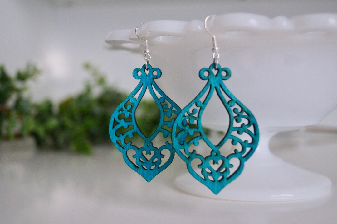 Turquoise Lightweight Laser Cut Earrings, Wood Earrings, Turquoise ...