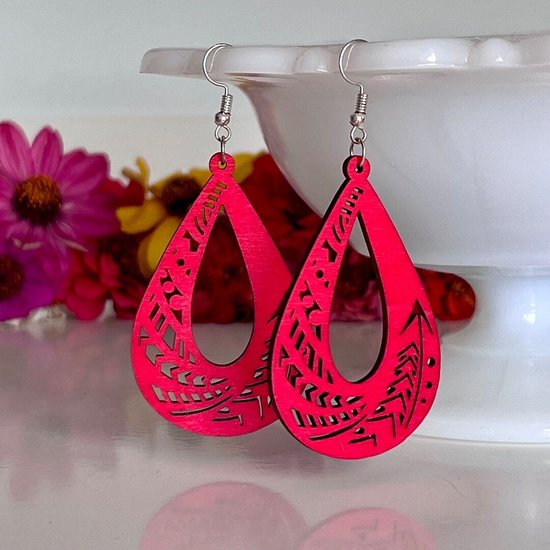 Red Laser Cut Wooden Earrings: Lightweight Teardrop Jewelry - Etsy
