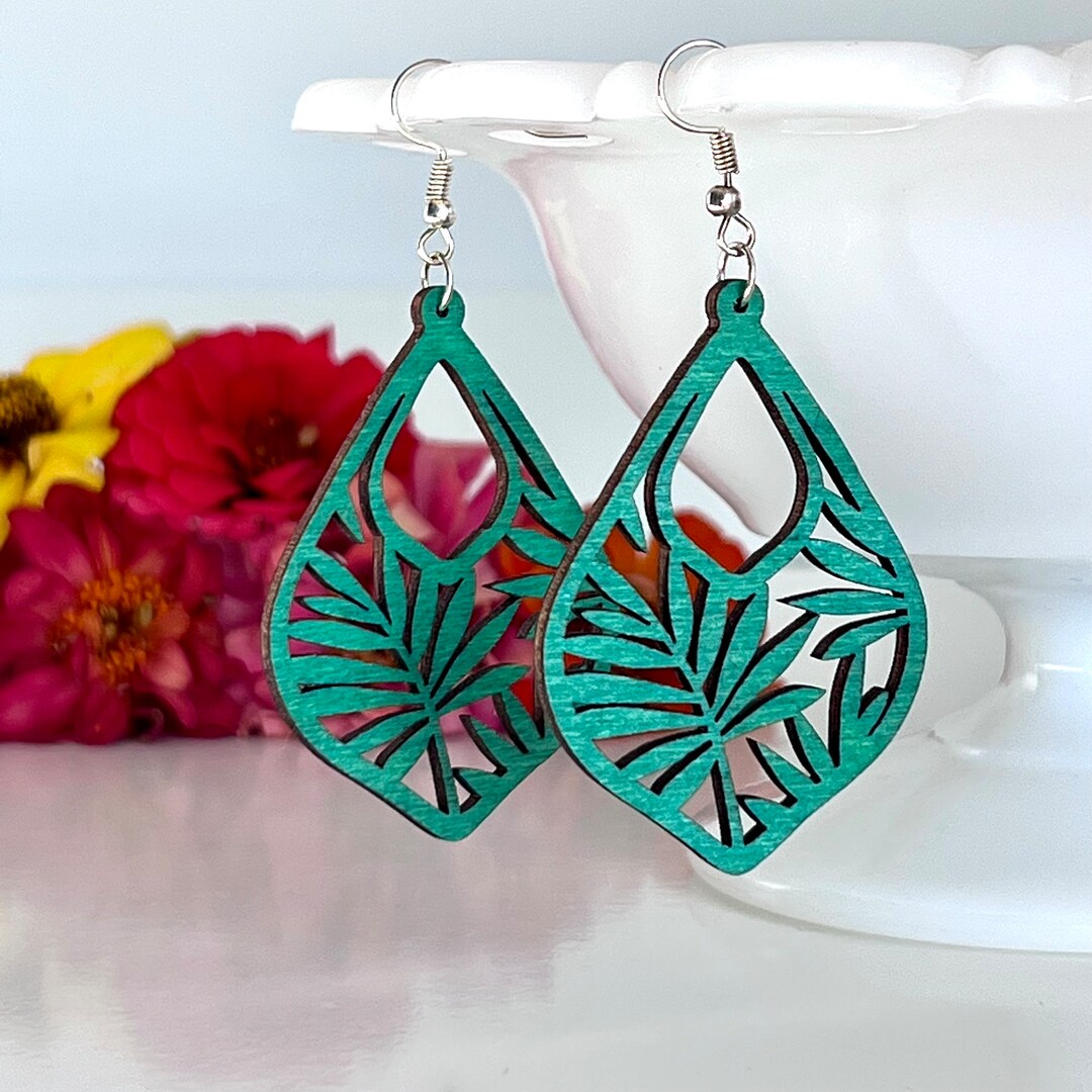 Laser Cut Green Wooden Leaf Botanical Earrings, Wooden Earrings, Green ...