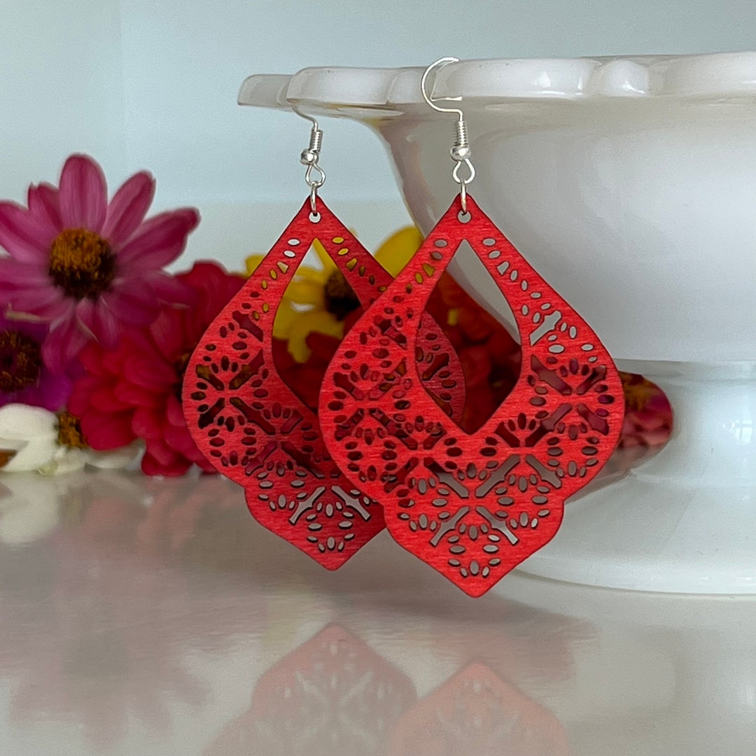 Red Laser Cut Wooden Earrings, Laser Cut Earrings, Red Lightweight ...