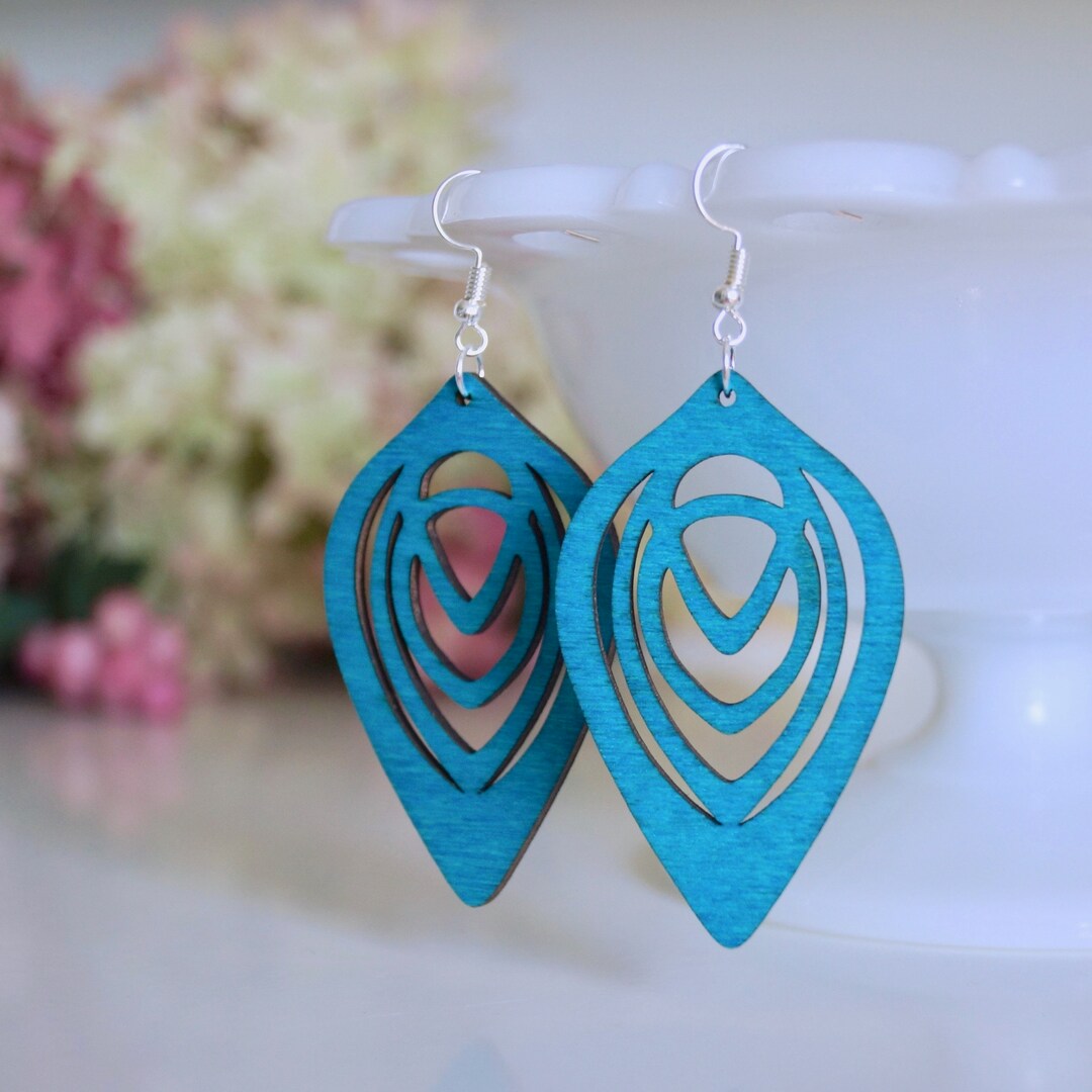 Turquoise Laser Cut Lightweight Wooden Earrings, Blue Laser Cut Wooden ...
