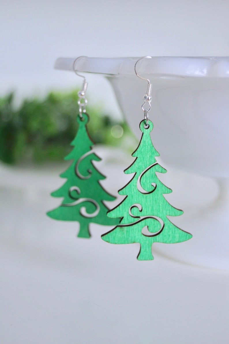 Green Laser Cut Wood Christmas Tree Earrings - Etsy