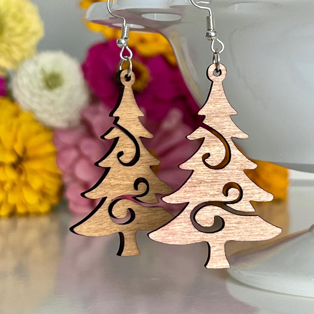 Laser Cut Wooden Christmas Tree Earrings: Lightweight Brown Wood - Etsy