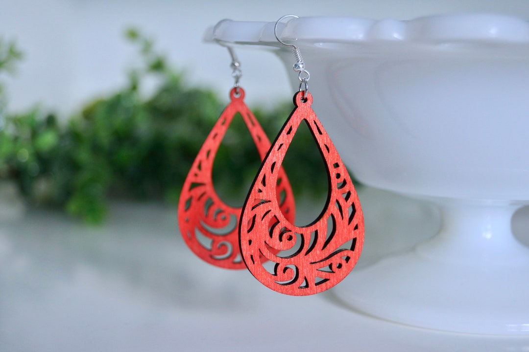 Laser Cut Red Teardrop Earrings: Lightweight Wooden Jewelry - Etsy
