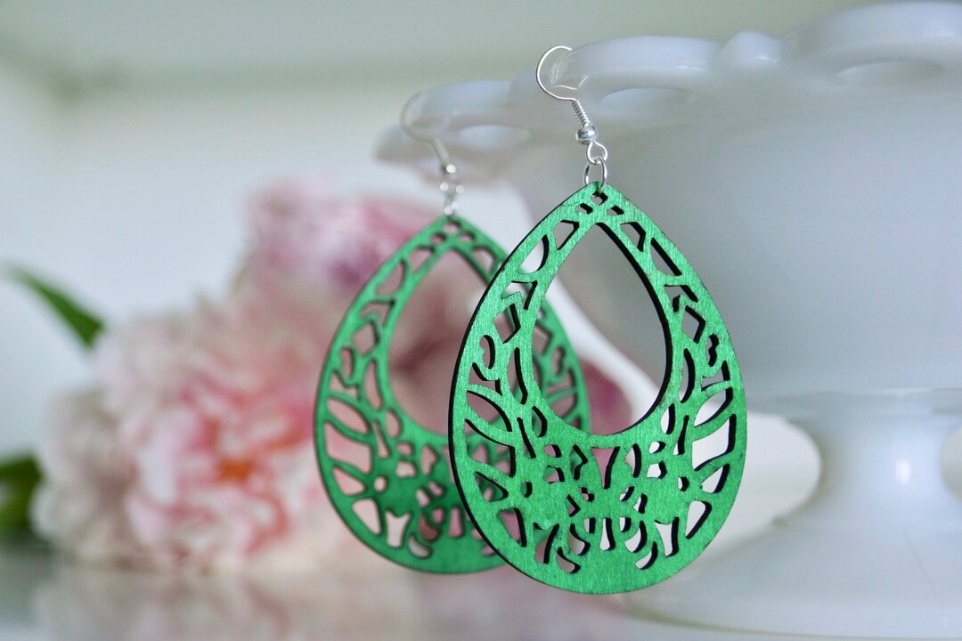 Green Laser Cut Wooden Earrings, Green Wood Earrings, Wooden ...