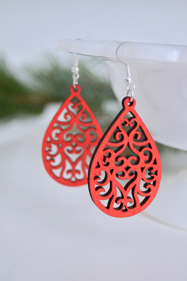 Laser Cut Wooden Earrings Laser Cut Earrings Red Earrings Etsy