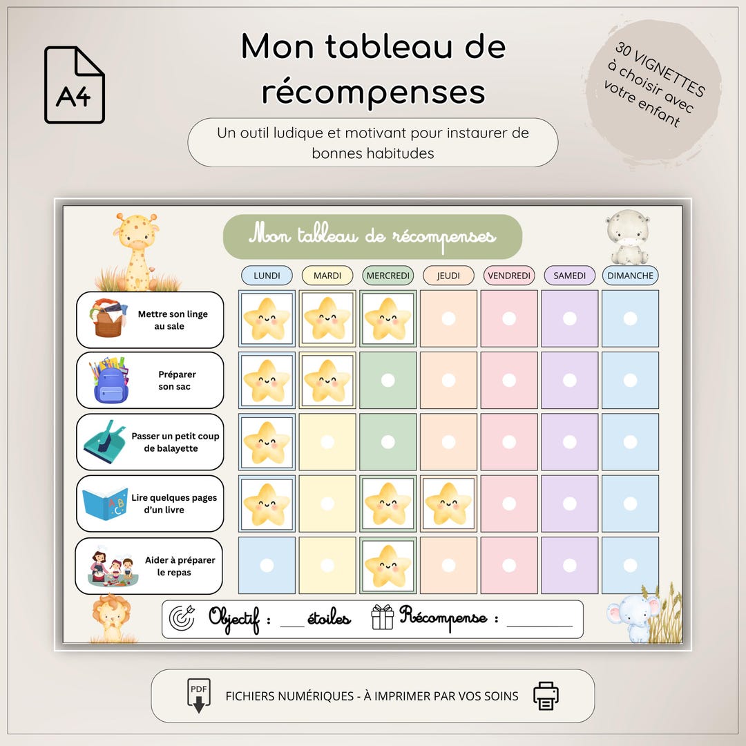 Tableau de récompenses ludique pour enfants - PDF éducatif - Routine ...