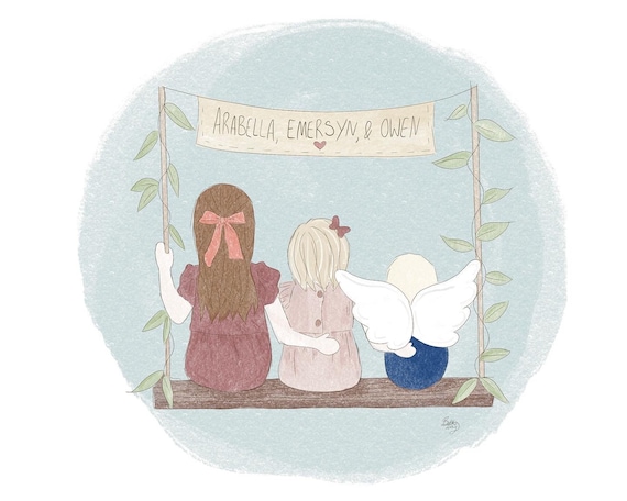 Custom Angel Baby 3 Siblings Portrait Digital Illustration | Etsy