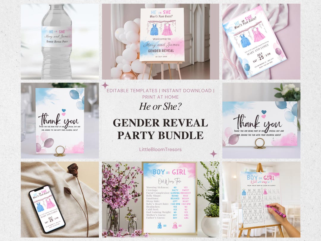 Editable Gender Reveal Bundle – He or She Party Set – Canva Invitation ...