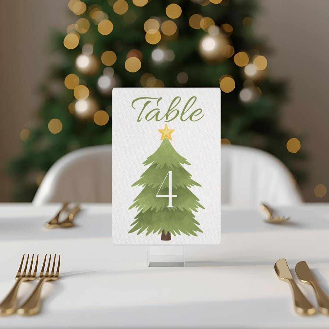 Christmas Table Numbers | Editable Canva Template | Watercolor Tree ...