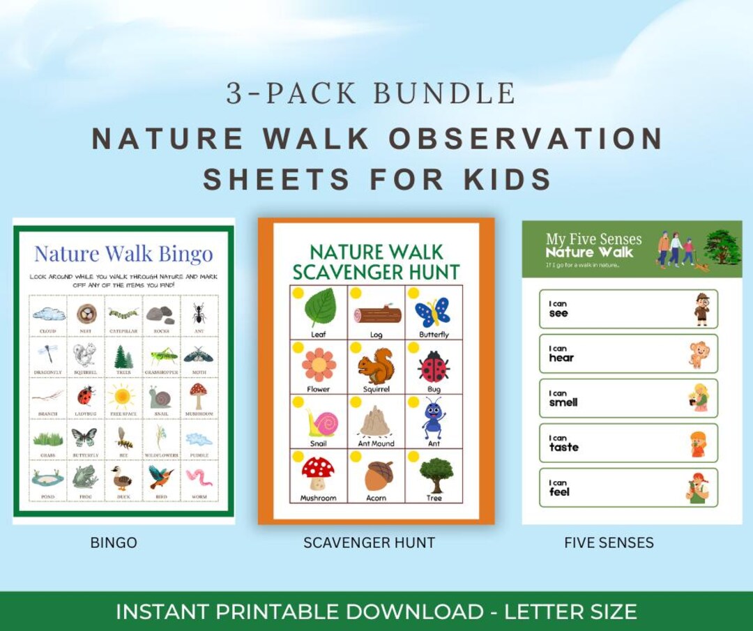 Nature Walk Activity Sheets – Kids Scavenger Hunt, Bingo, Five Senses ...