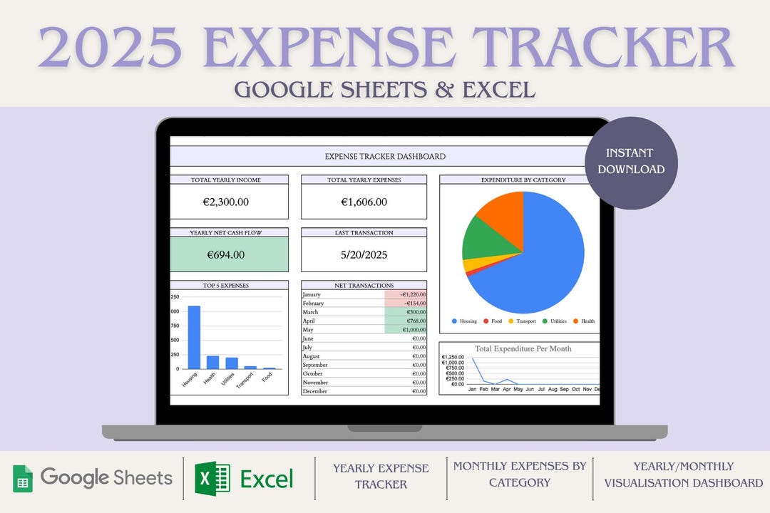 2025 Expense Tracker Google Sheets Excel Digital Monthly and Yearly ...