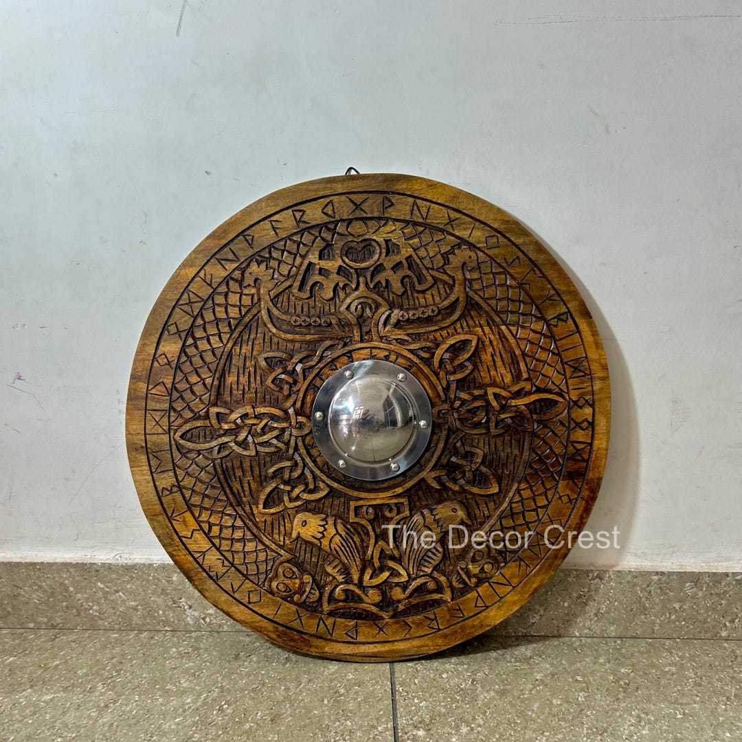 Handmade Wooden Carving Viking Shield: Celtic Knot Decor, Carved ...