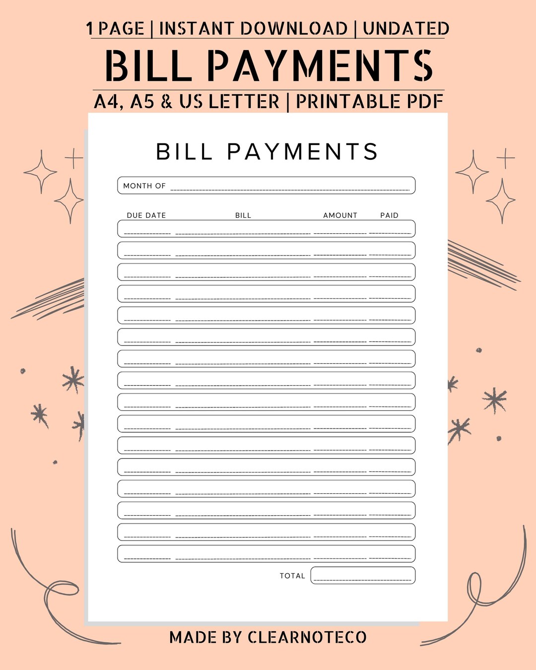 Bill Payments Planner Template: Minimalist Finance Tracker (printable ...