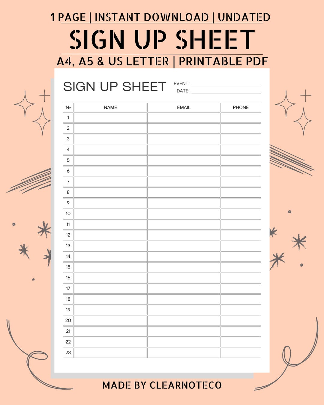 Printable Minimalist Sign up Sheet Form, Event Registration (PDF ...