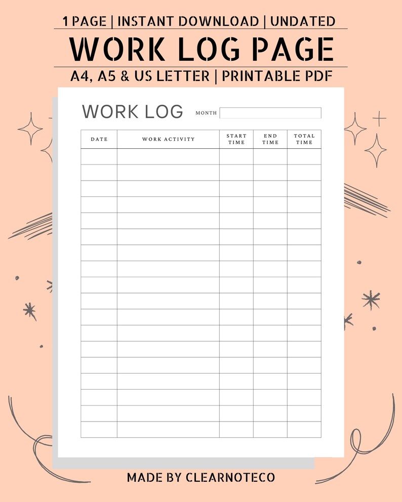Printable Work Log Tracker: Employee Timesheet Planner (PDF Download ...