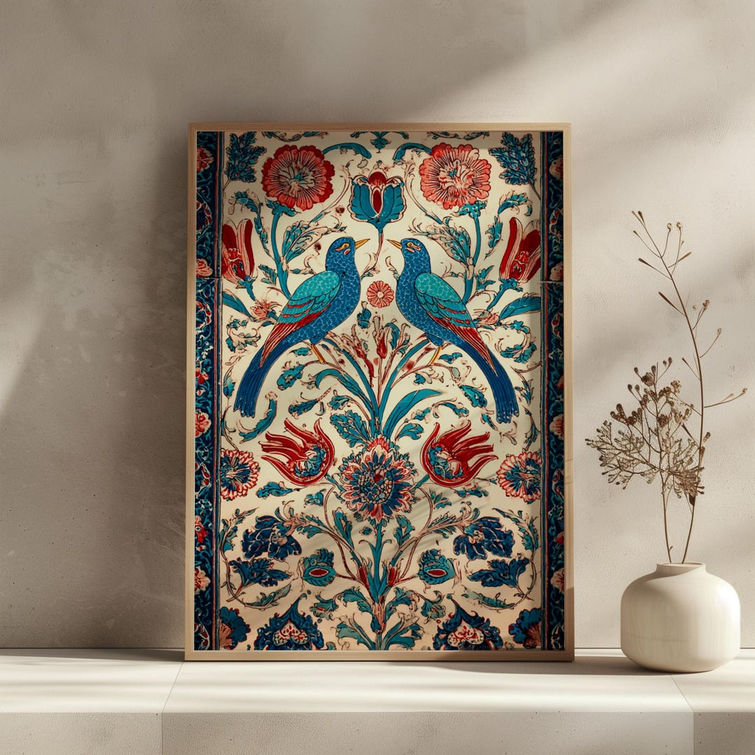 Ottoman Iznik Tile Art Print Traditional Floral Birds Pattern Turkish ...