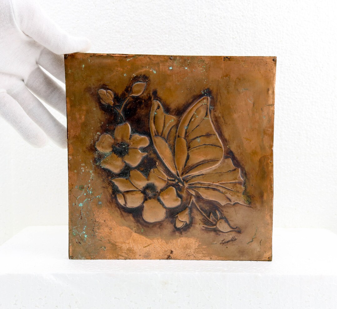 Vintage Original Copper Metal Art - Butterfly & Flowers- Artist Signed ...