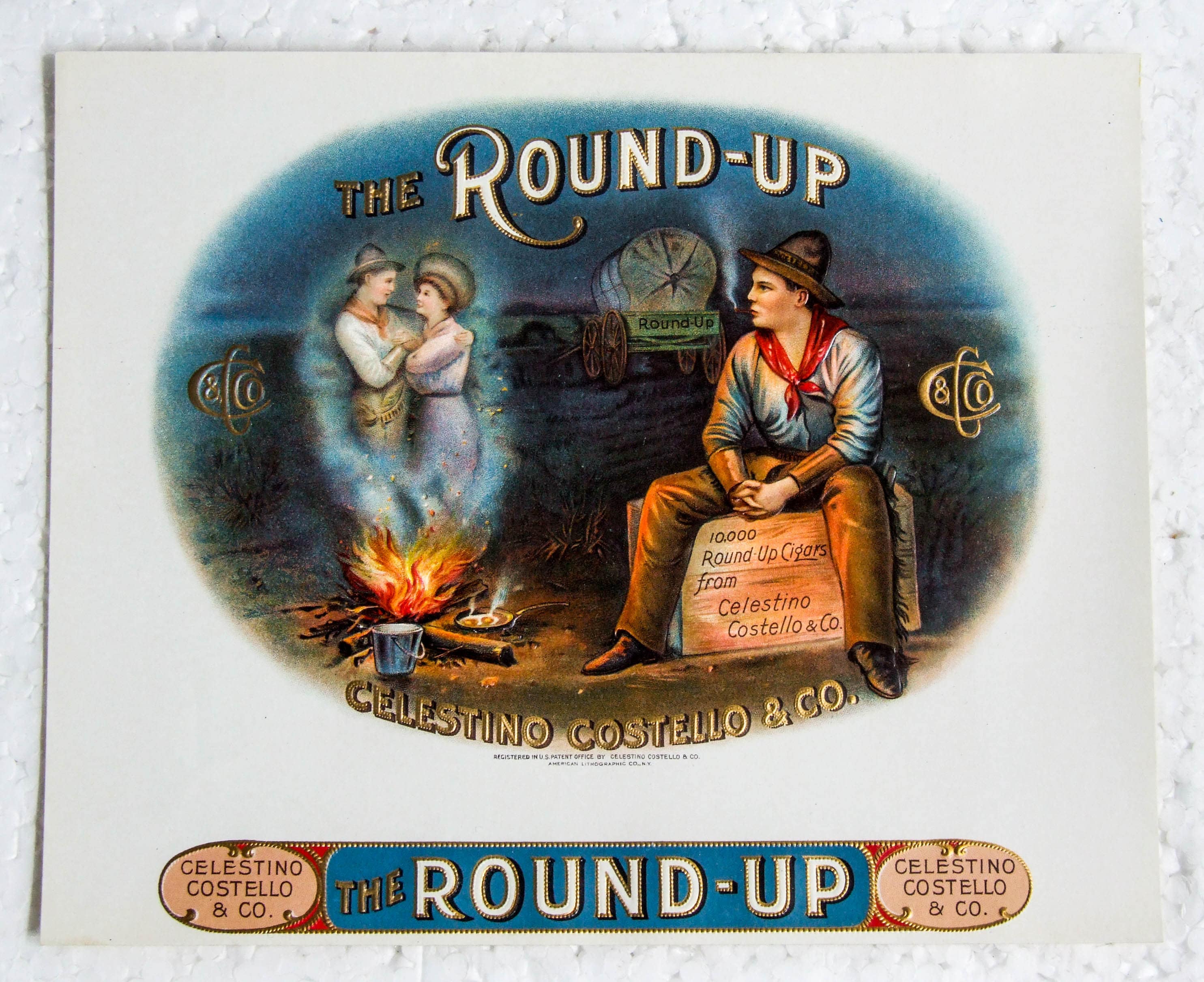 Antique Cigar Label the Round-up Cowboy Campfire Chuckwagon Scene ...