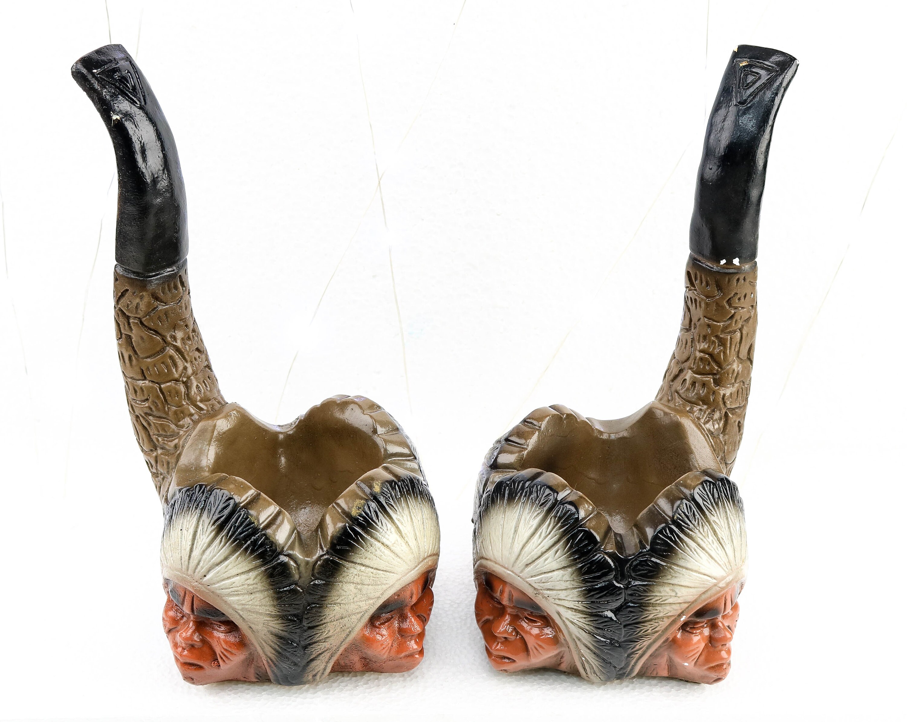Vintage Chalkware Pair Native American Pipes - Pipe Stands - Planters ...