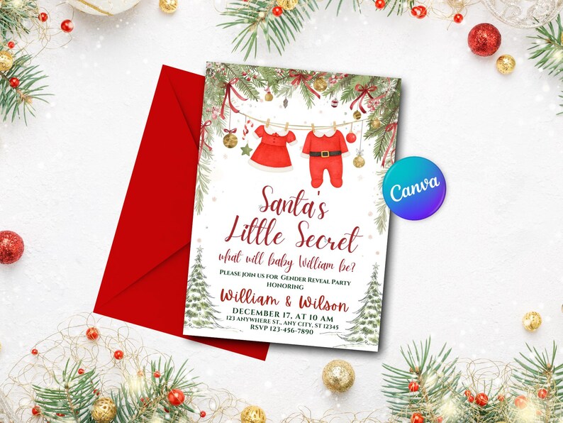 Santa Baby Gender Reveal Invitation | Christmas Baby Shower (digital ...