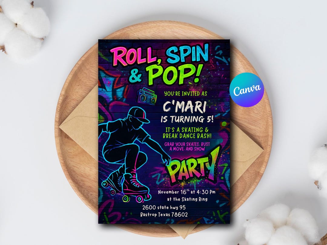Neon Roller Skating Birthday Invitation | Breakdance Party | Glow Skate ...