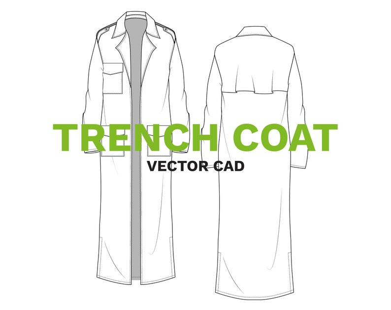 Trench Coat Jacket CAD Sketch Digital Vector File (AI) for Fashion ...