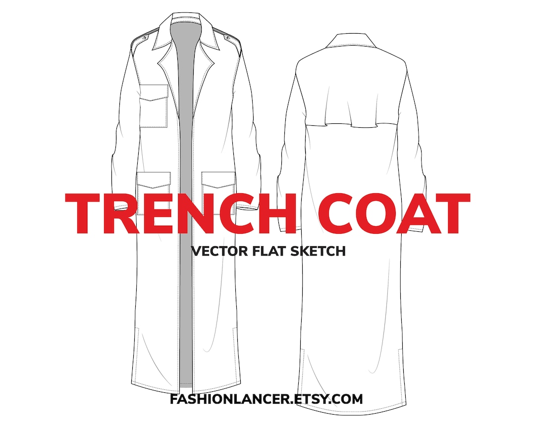 Trench Coat Jacket CAD Sketch Digital Vector File (AI) for Fashion ...