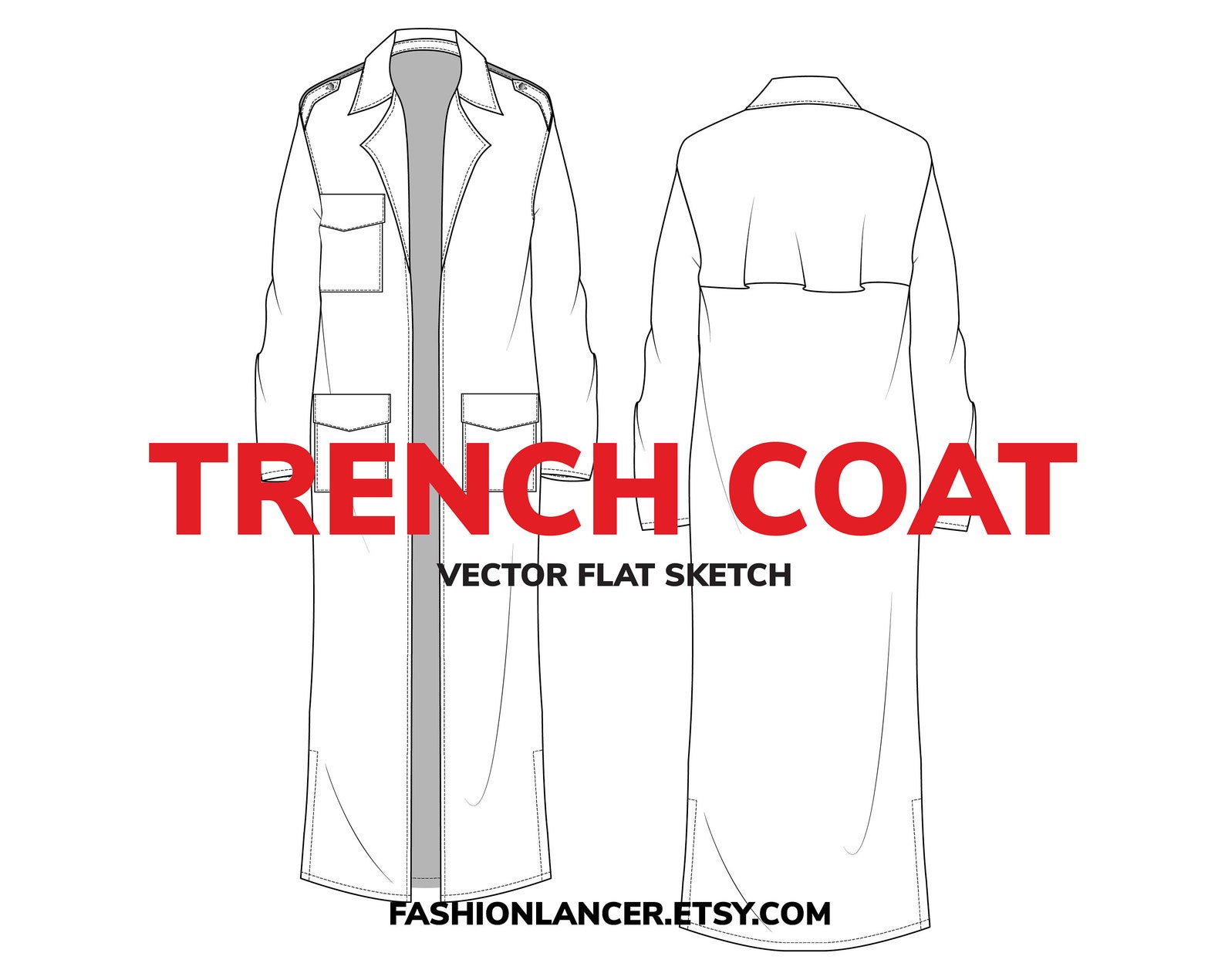 Trench Coat Jacket CAD Sketch Digital Vector File (AI) for Fashion ...